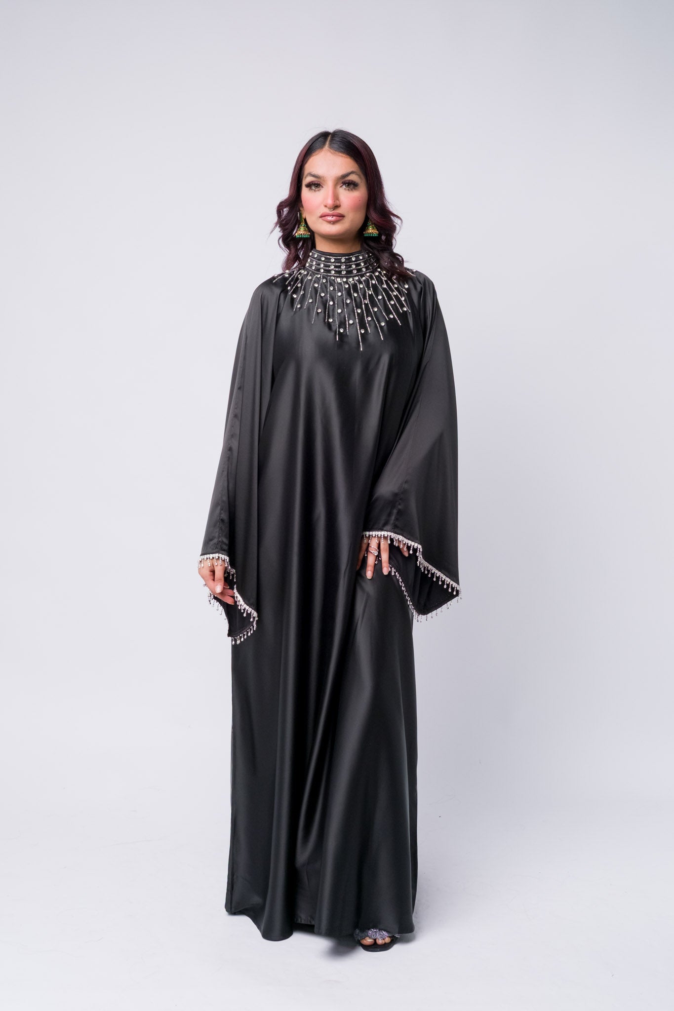 Luxury Embellished Abaya With Beaded High Neck & Fringe Sleeves - Blac ...